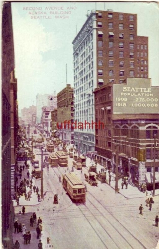SECOND AVENUE AND ALASKA BUILDING SEATTLE, WA 1910 streetcars horse ...