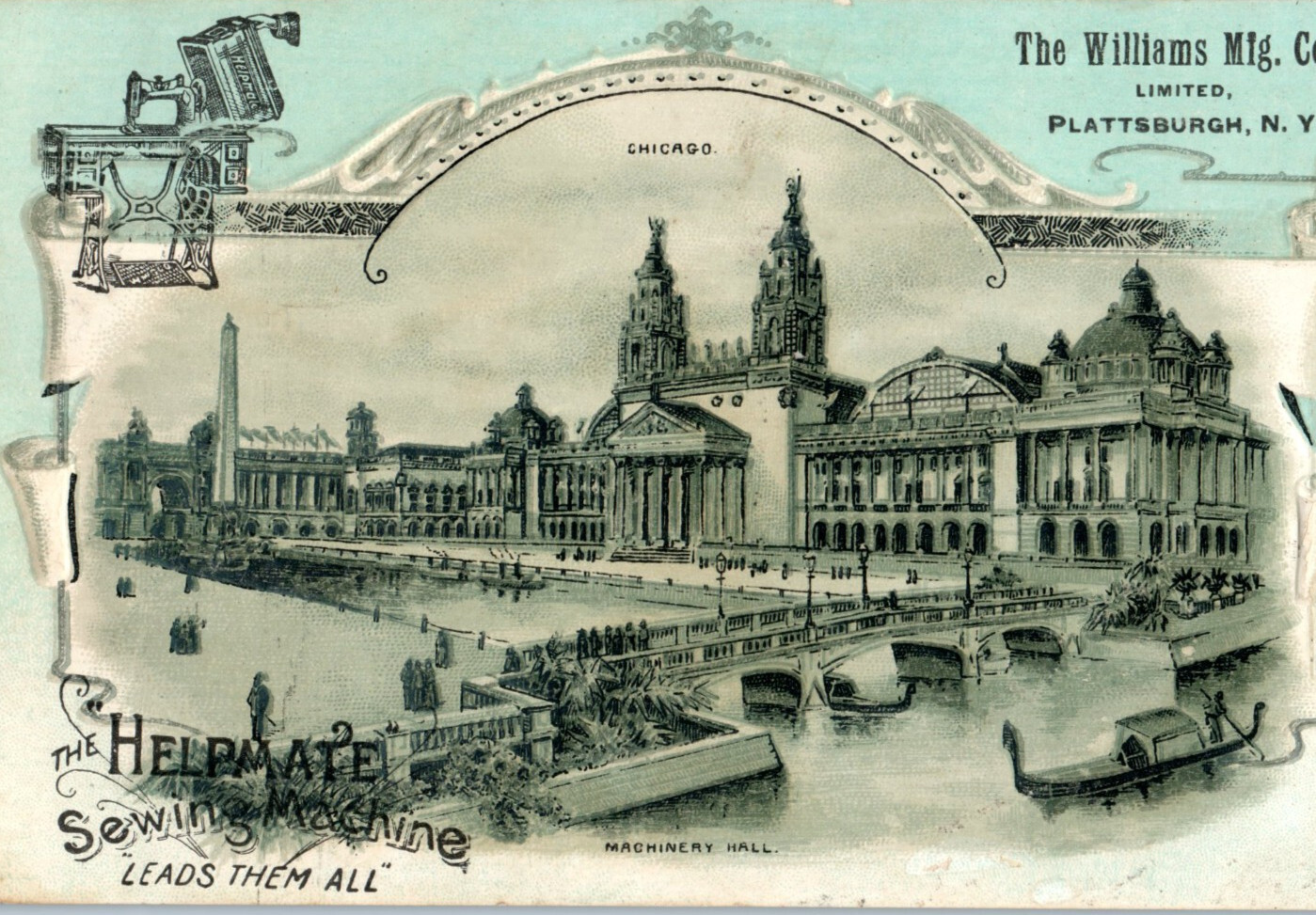 1893 Helpmate Sewing Machine Williams Mfg Co. Columbian Expo Trade Card ...