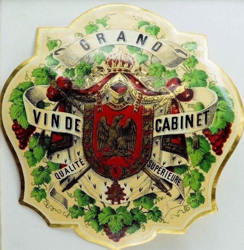 Vintage Bottle Label Grand Vin De Cabinet Eagle Crown Grape Leaves *B ...
