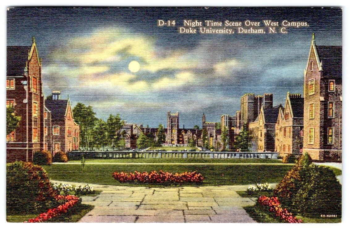 1951 Duke University Night View Campus Typewritten Message Linen ...