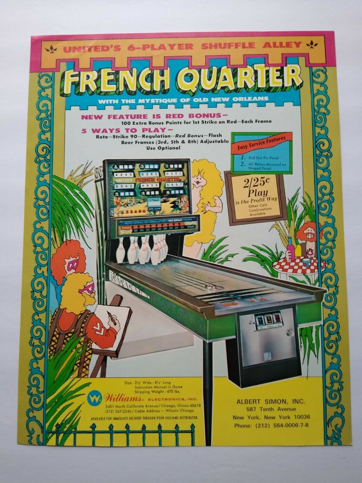 French Quarter Arcade FLYER Original 1972 Shuffle Alley Game Art ...