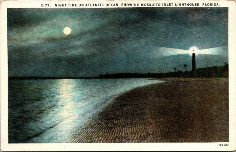 Vtg 1920s Mosquito Inlet Lighthouse Night View Ponce de Leon Florida FL ...