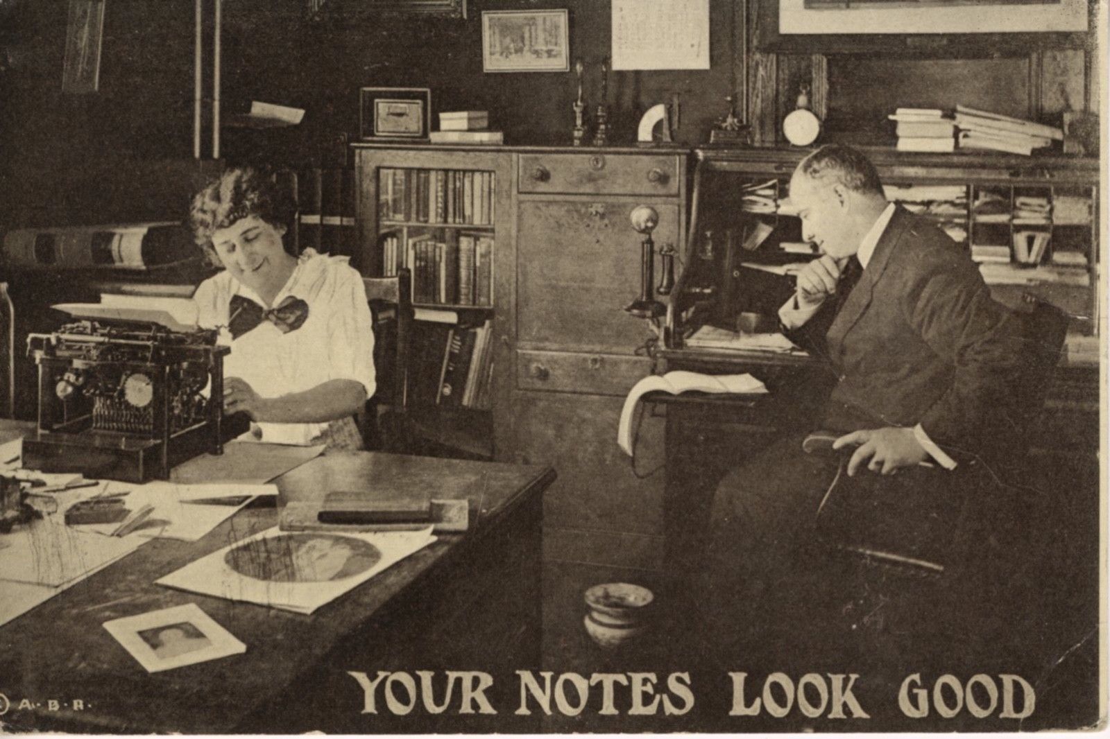Your Notes Look Good Happy Businessman Secretary ABR Vintage c1912 ...