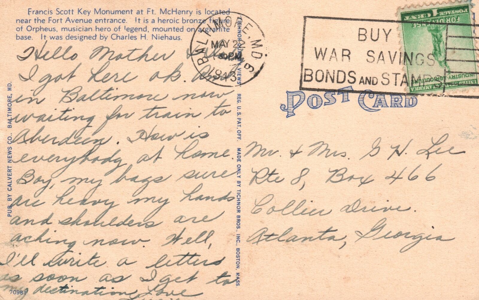 Vintage Postcard 1943 Francis Scott Key Monument Fort McHenry Baltimore ...