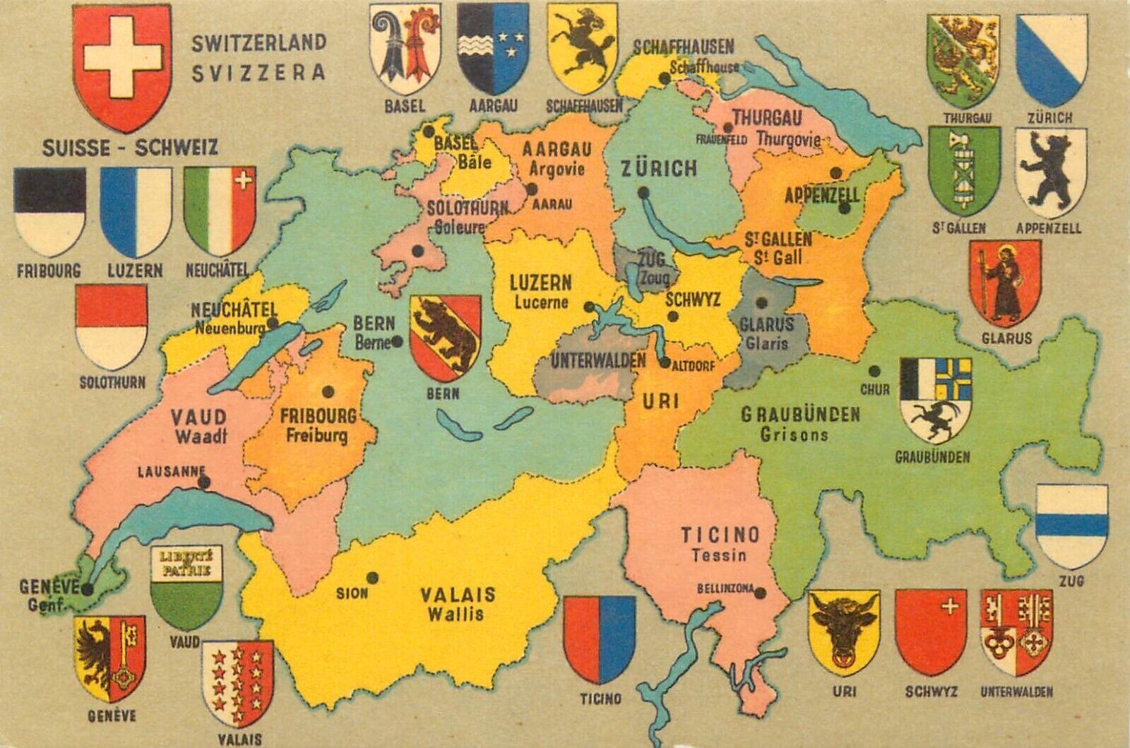 Switzerland lot of 7 map postcards canton crests heraldry | Europe ...