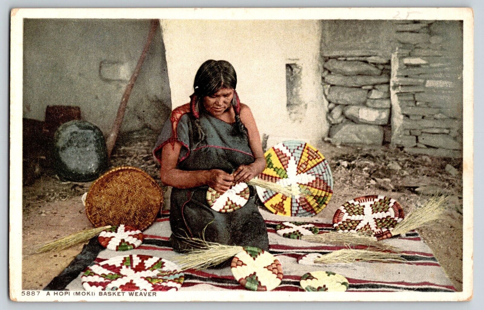 Postcard Hopi Moki Woman Basket Weaving - Phostint - Indian Native ...