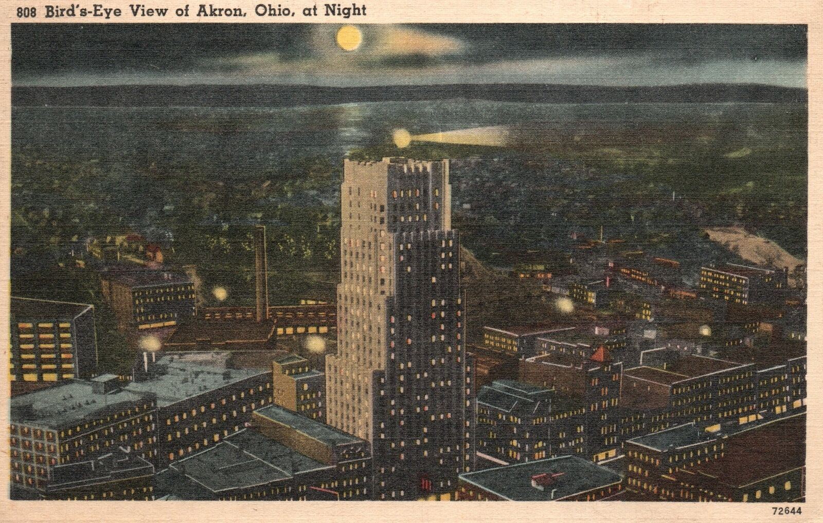 Vintage Postcard 1942 Birds Eye View Of Akron Ohio At Night Central ...