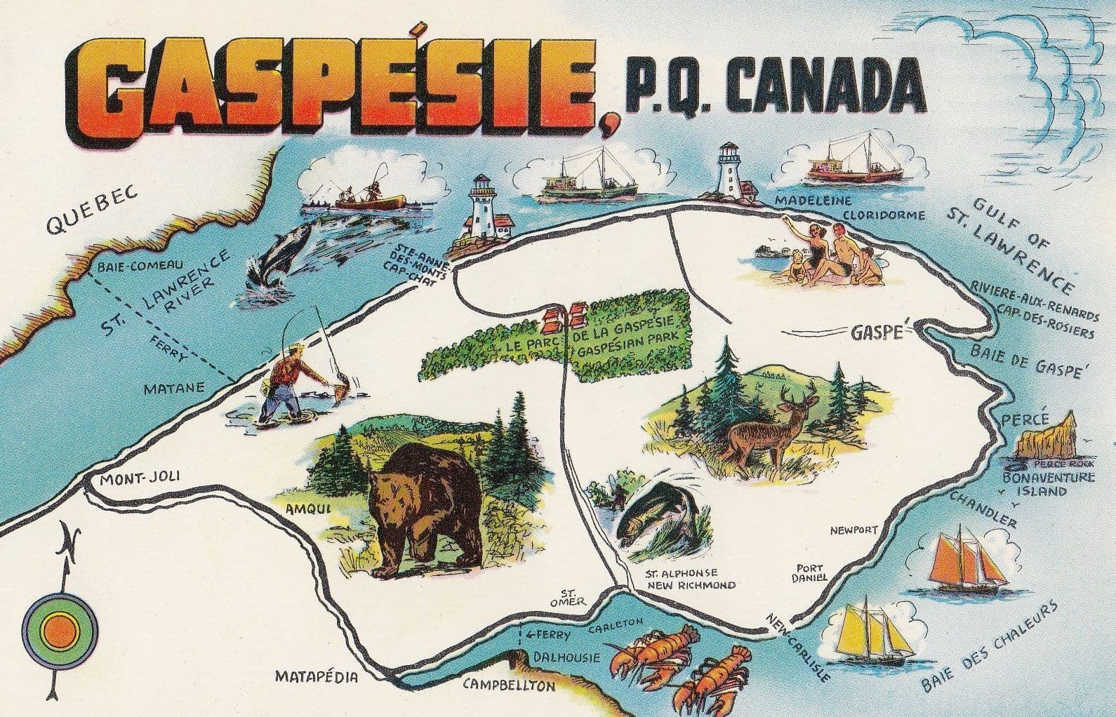 Gaspesie Quebec Map incl Fishing Boats Deer Canada Postcard | Canada ...