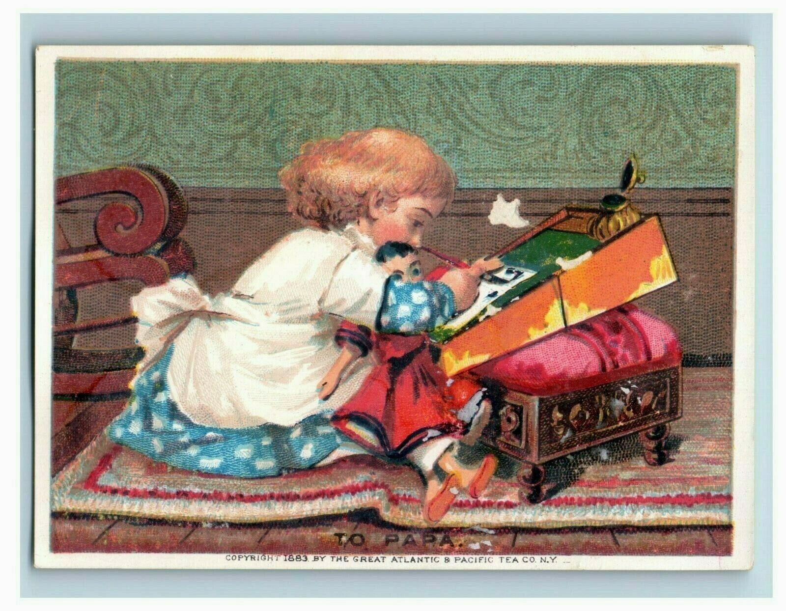 1883 A&P Tea Co. Adorable Child Writing Letter Doll P225 | Ephemera ...