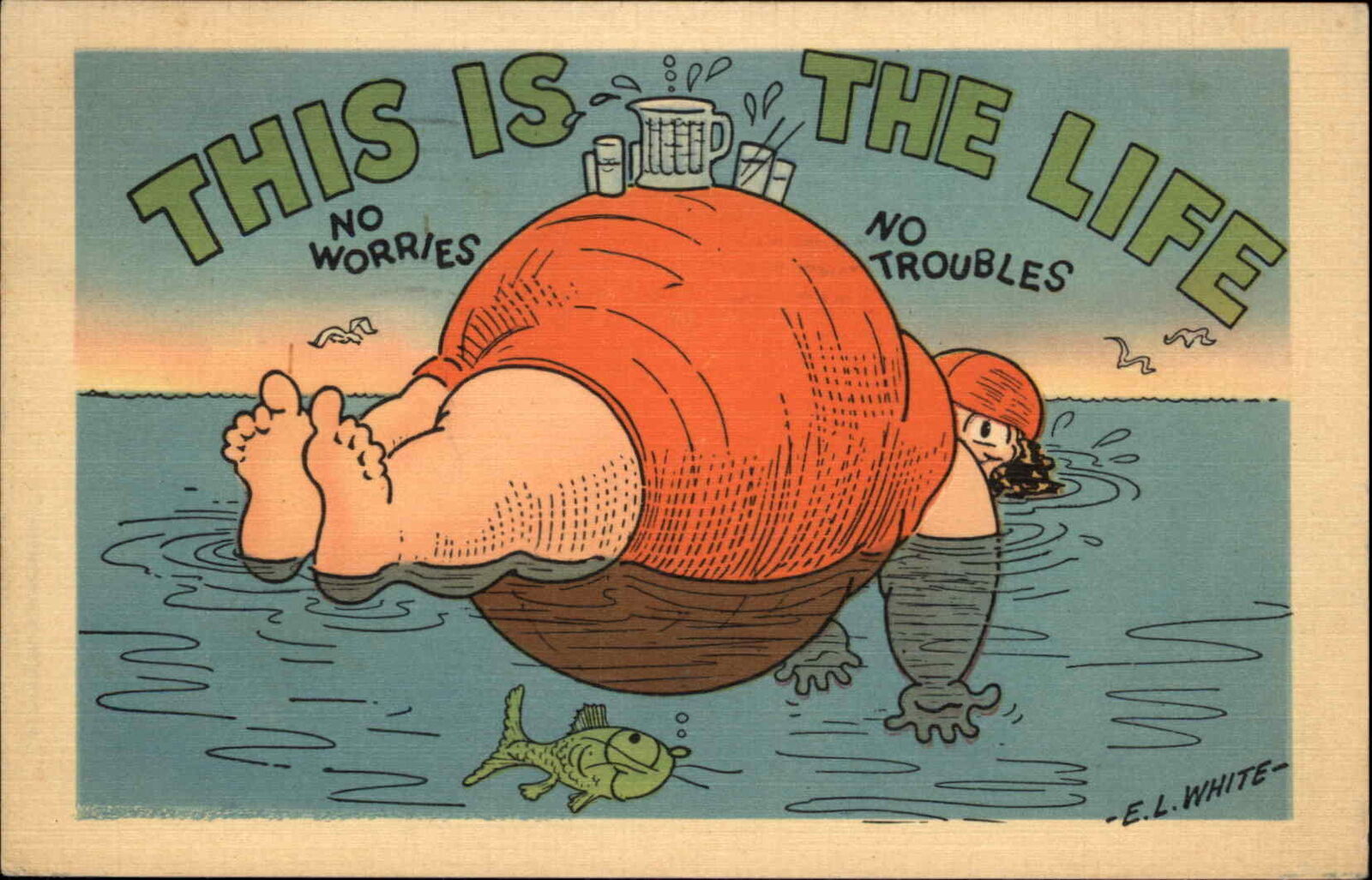 Body Humor Comic Fat Woman Floats Beer Belly c1940s Linen Postcard ...
