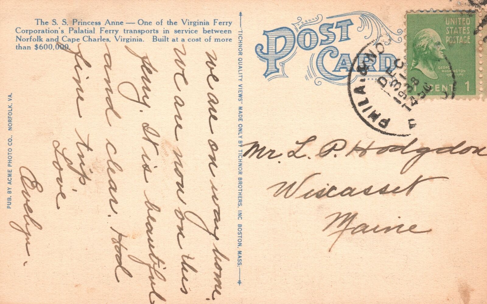 Vintage Postcard 1938 S.S. Princess Anne Ferry Boat Cape Charles ...