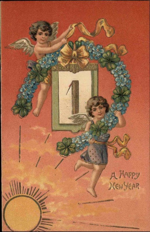 New Year Fantasy Fairy Fairies Flower Horseshoe c1910 Vintage Postcard ...