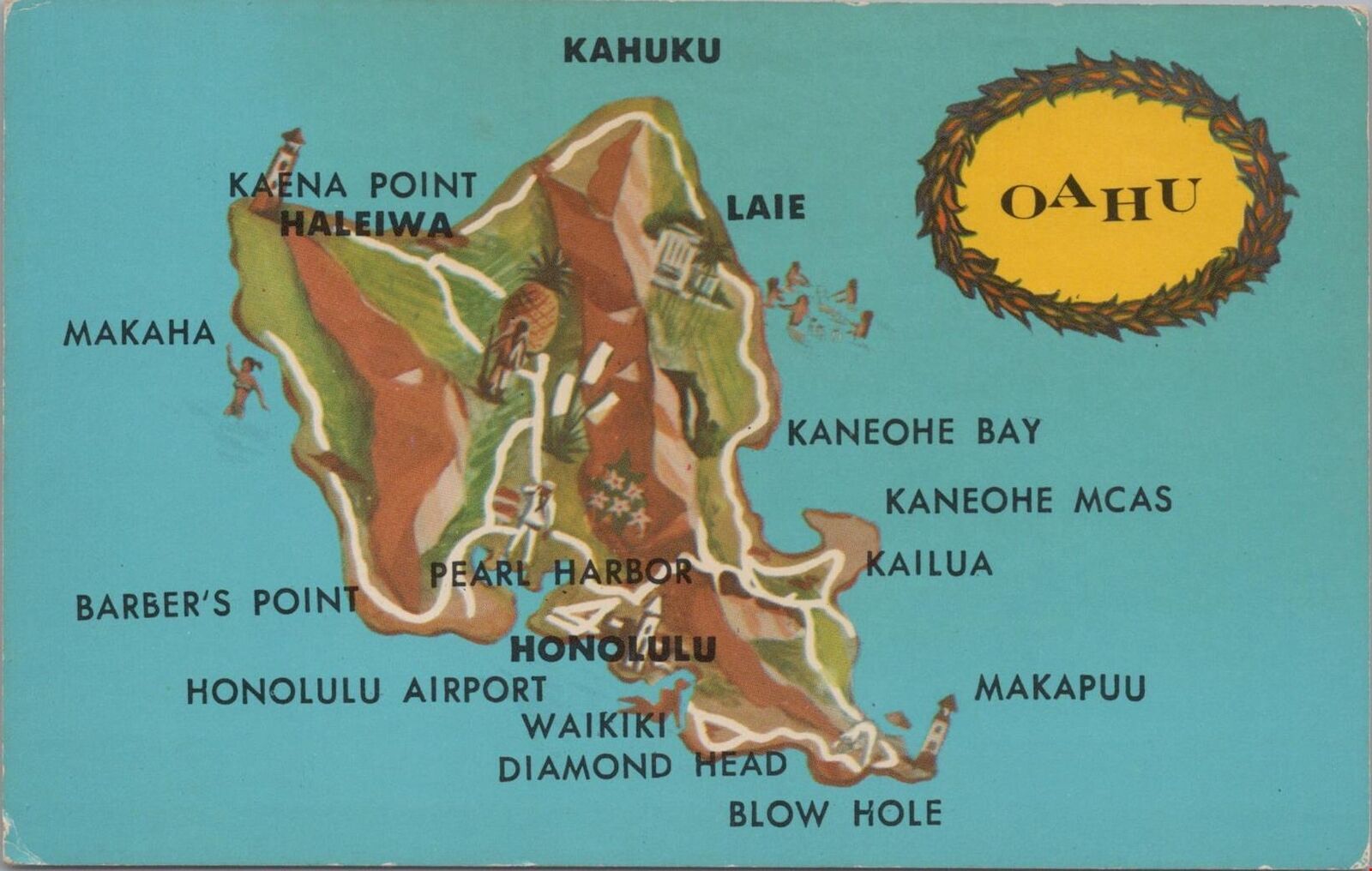 Postcard Map of Oahu Hawaii HI | United States - Hawaii - Oahu ...
