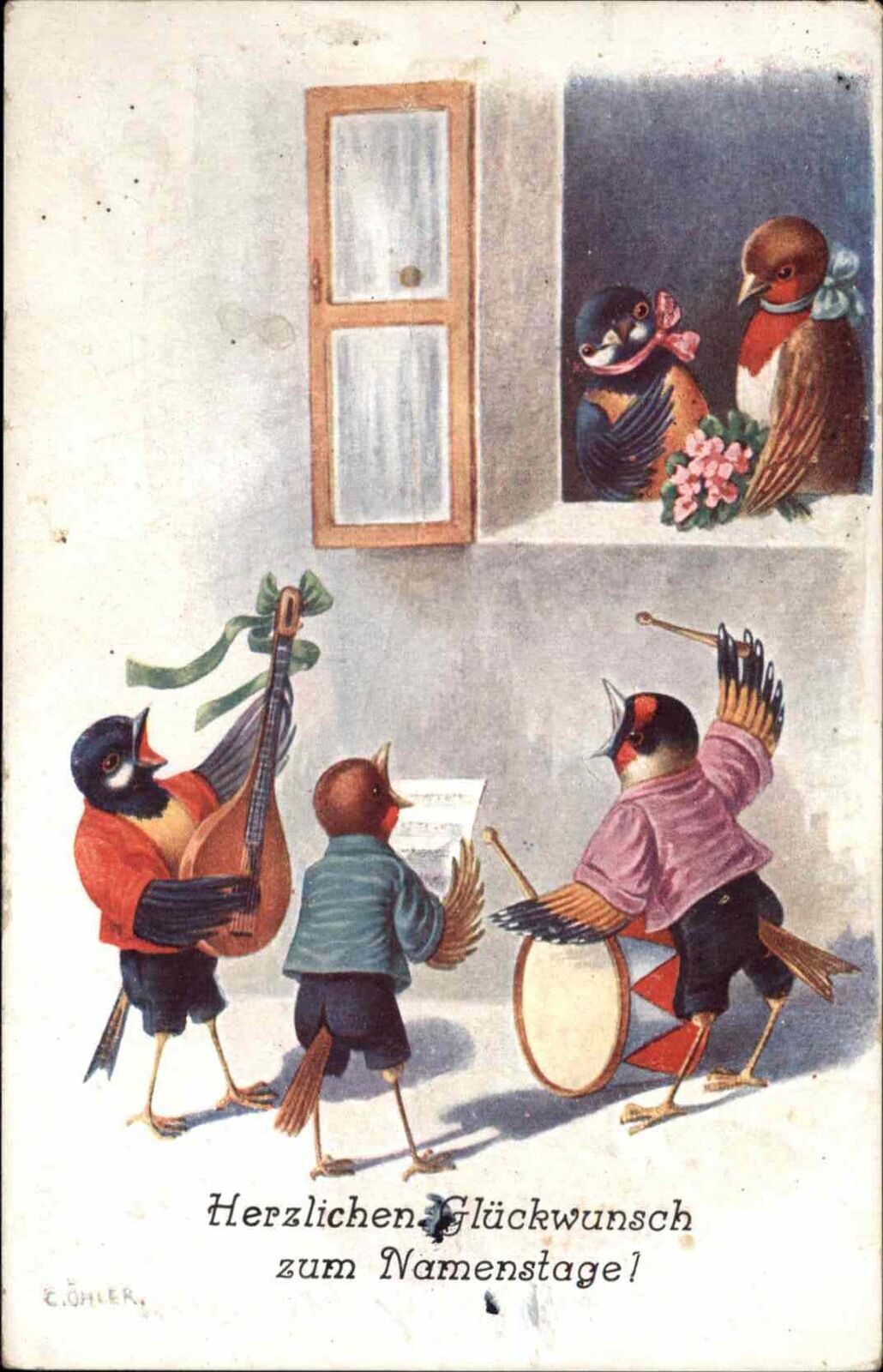 Vintage GERMAN BIRTHDAY Dressed Animal Fantasy Song Birds Band Postcard ...