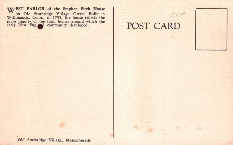 Vintage Postcard West Parlor Stephen Fitch House Old Sturbridge Village ...