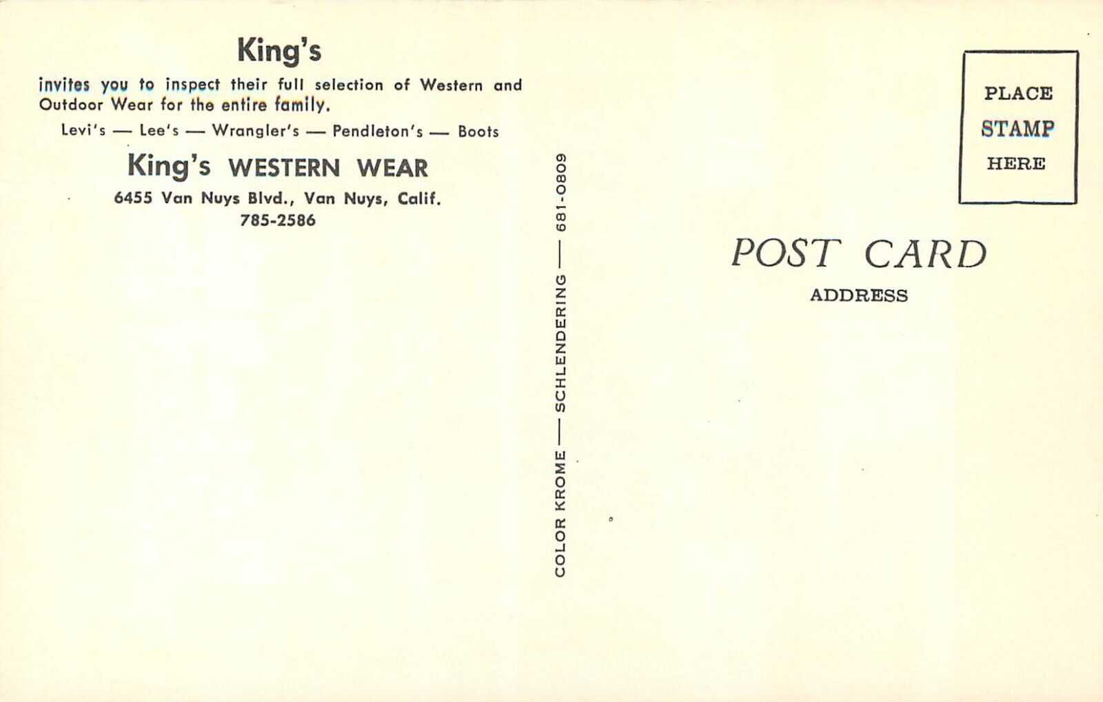 Vintage Postcard King's Western Wear Van Nuys CA Signs for Levi's Lee ...