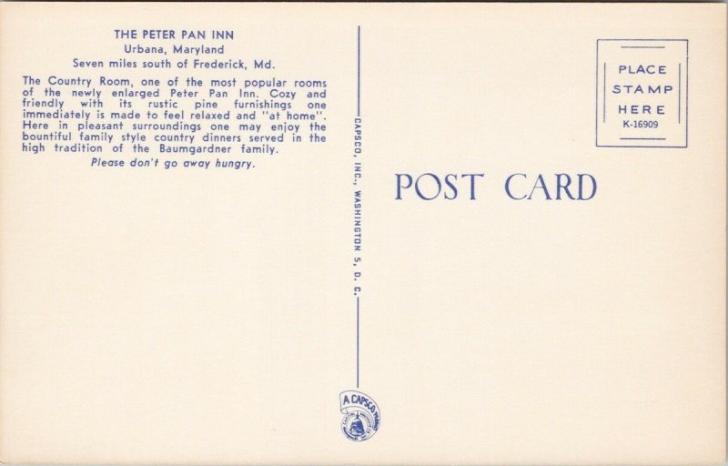 Urbana MD Peter Pan Inn Restaurant The Country Room Unused Vintage ...
