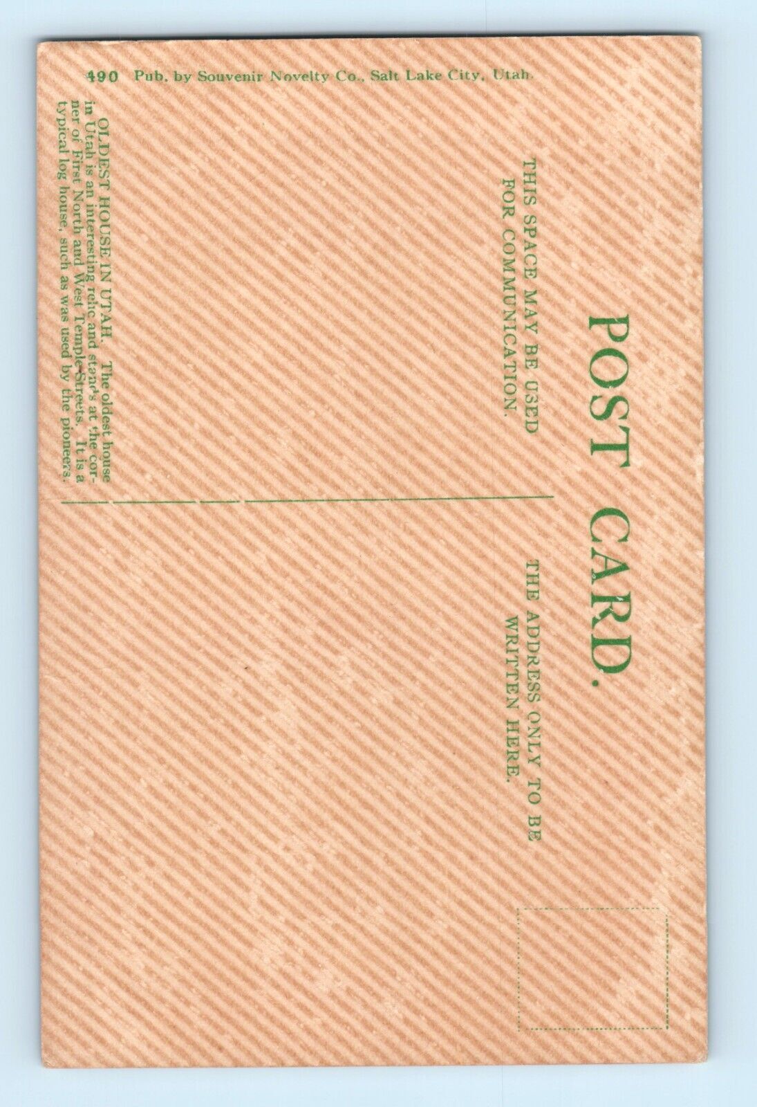 Pioneer Log House First House Built in Salt Lake City Utah Postcard B7 ...