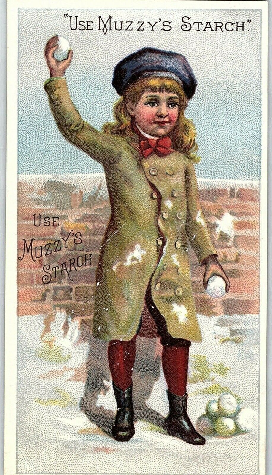 1880's Muzzy's Starch Lovely Girl Snowball Fight Victorian Trade Card ...