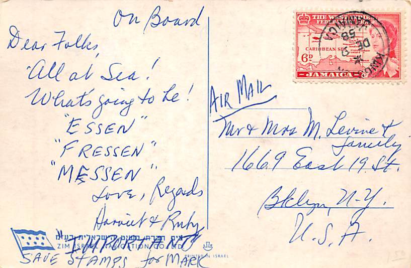 SS Jerusalem Zim Israel Navigation Co. 1958 | Topics - Other, Postcard ...