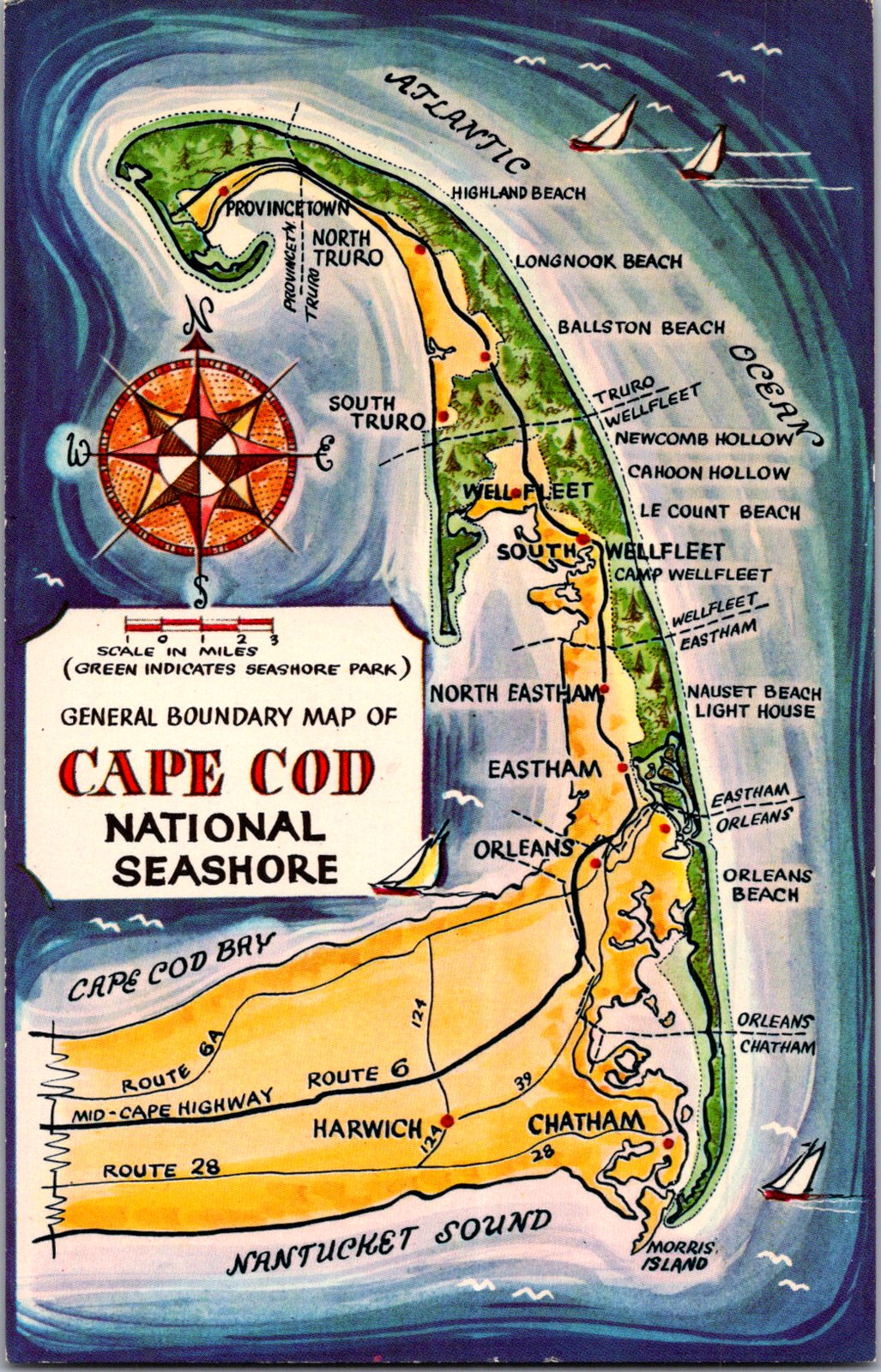 Cape Cod National Seashore vintage illustrated map towns sailboats bays ...