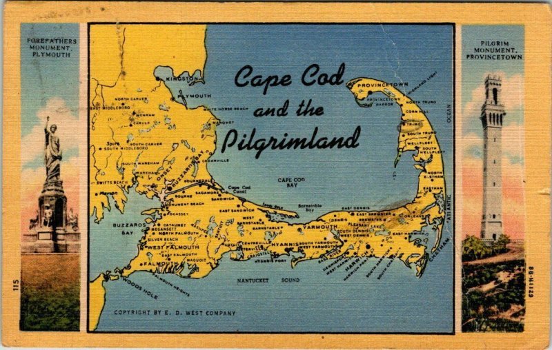 CAPE COD, MA ~ Pilgrim Land Map Forefathers Monument Multi View Linen ...