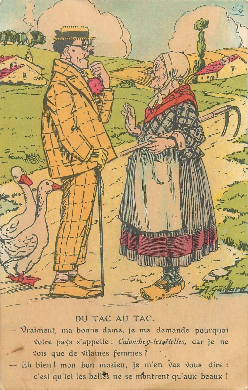 Early comic caricature young man funny dressed and old lady goose ...