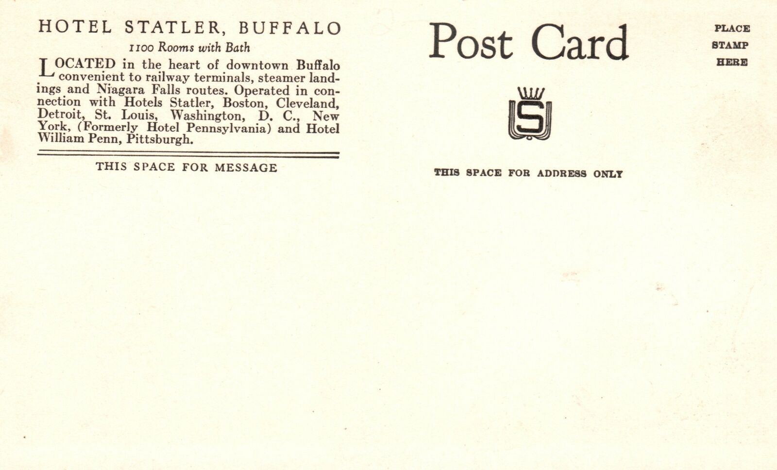 Vintage Postcard 1920's Hotel Statler Building Buffalo New York N. Y ...