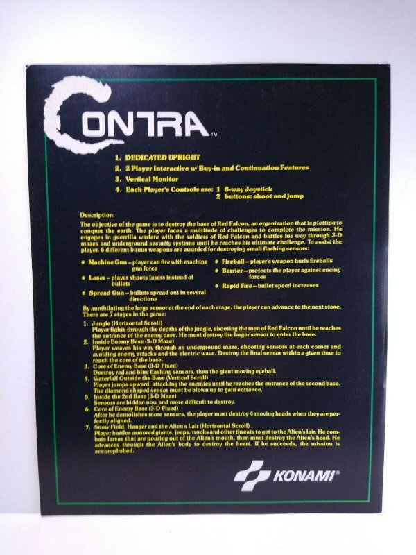 Contra Arcade Flyer Original Video Game Art 1987 Konami 8.5" x 11 ...
