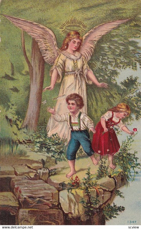 PU-1909; Two Little Kids Playing Near A Cliff An Angel Behind Them ...