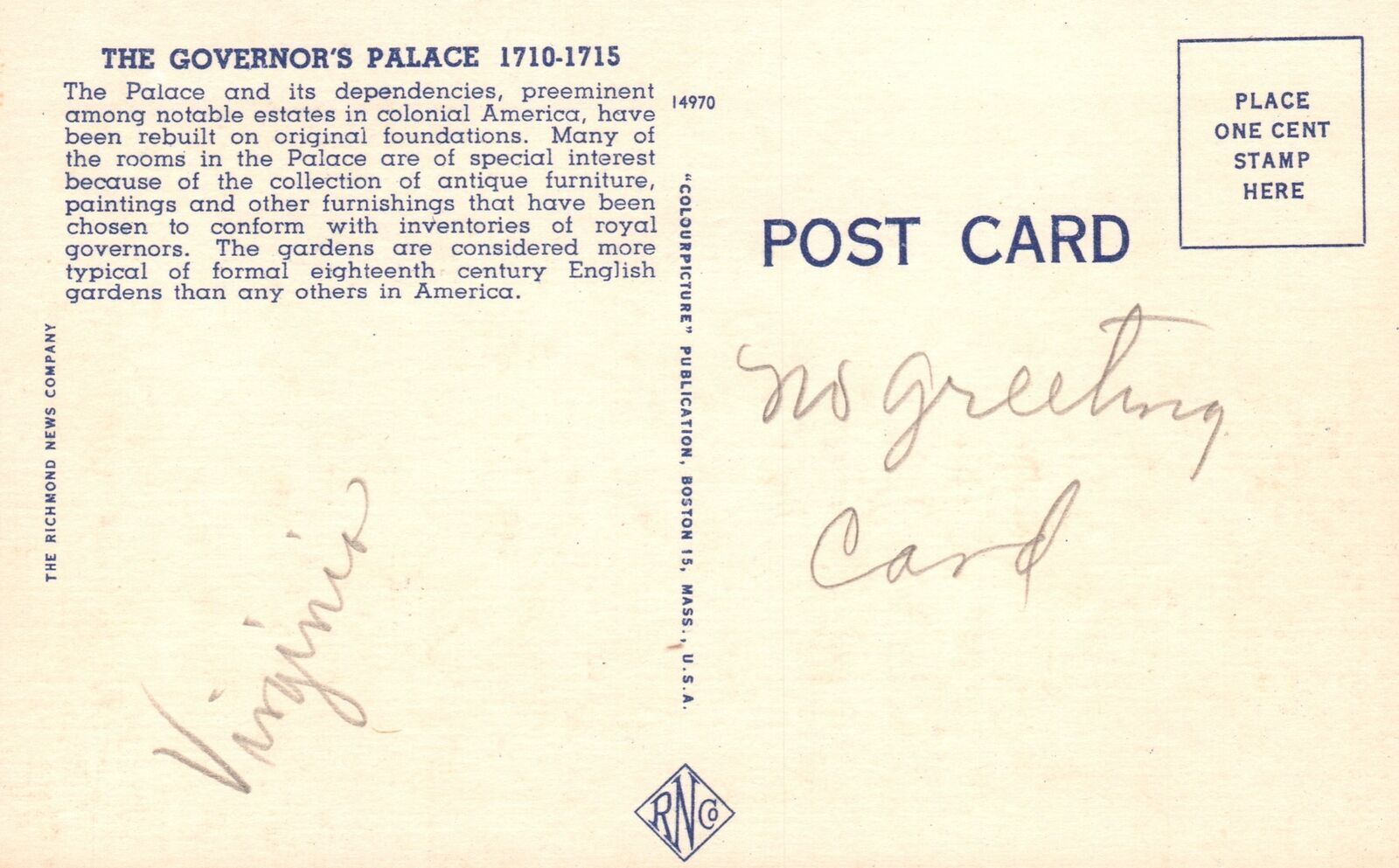 Vintage Postcard Royal Governor's Palace Colonial America Williamsburg ...