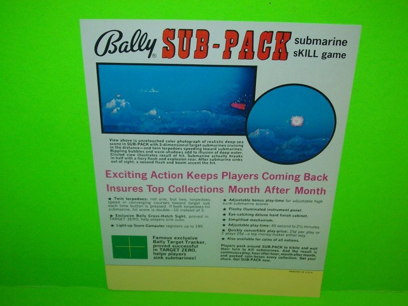 Bally SUB-PACK Original NOS 1973 Retro Arcade Game Flyer Submarines ...