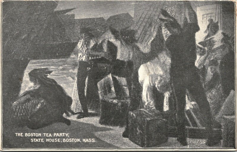 Boston Tea Party Colonial State House Boston Massachusetts BW Postcard ...