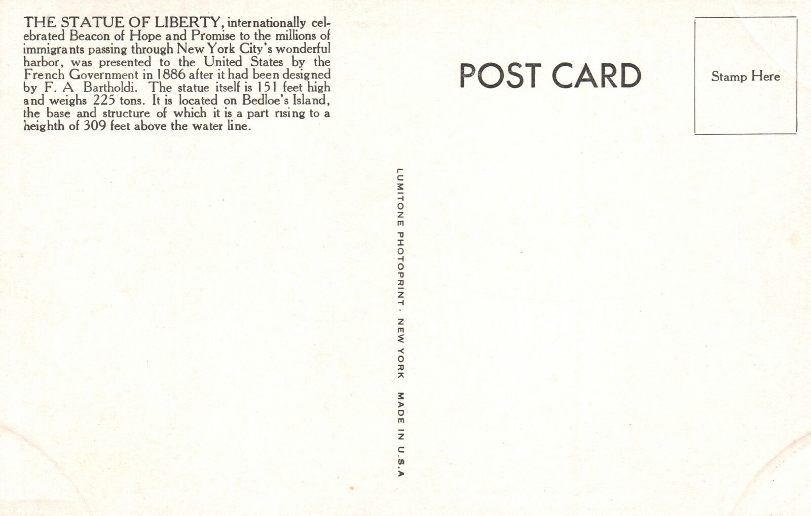 Vintage Postcard Statue Of Liberty Beacon Of Hope And Promise New York ...