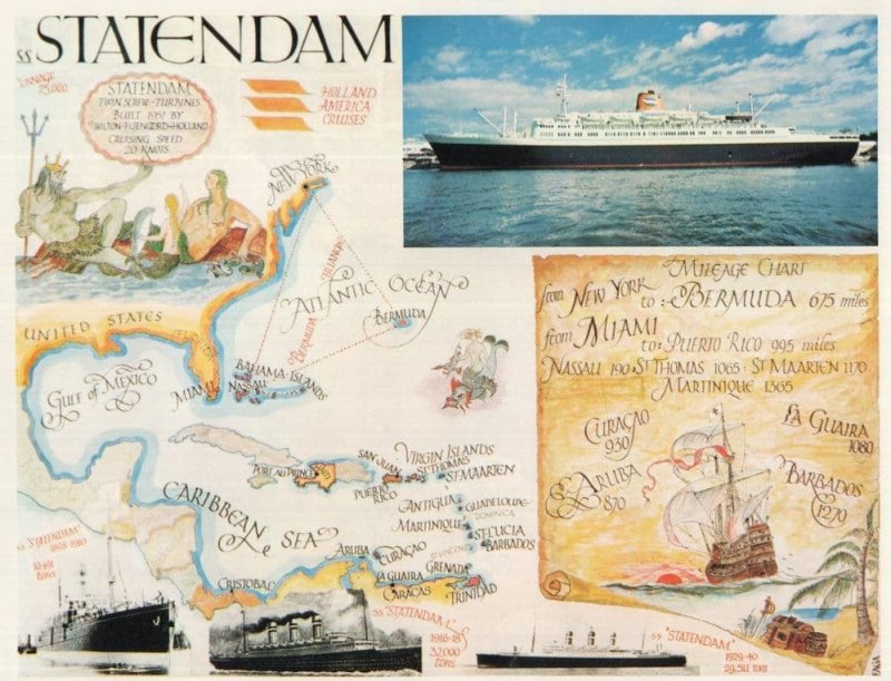 SS Statendam Holland American Cruise Line Giant Ship Map Rare Postcard ...