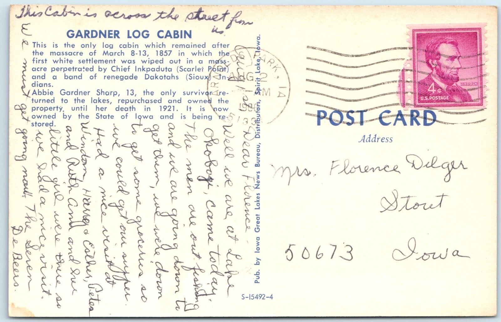 c1970s Arnolds Park IA Abbie Gardner Log Cabin Indian Inkpaduta Spirit ...