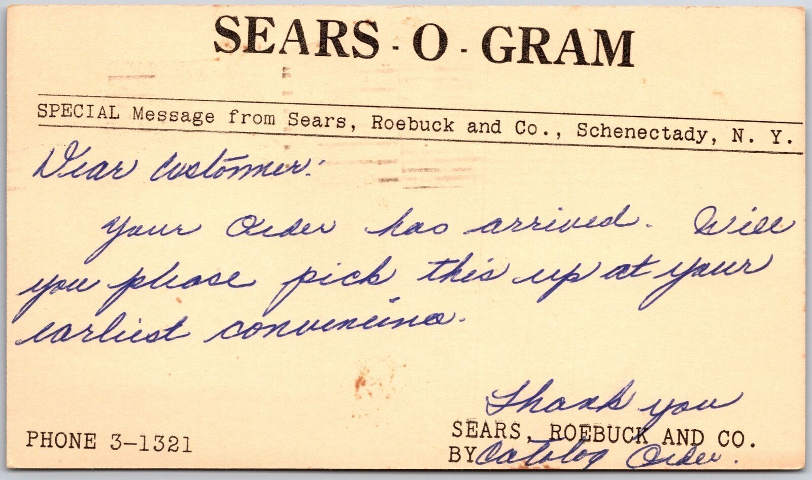 1952 Order Letter Special Message Sears Roebuck & Co. New York Posted ...