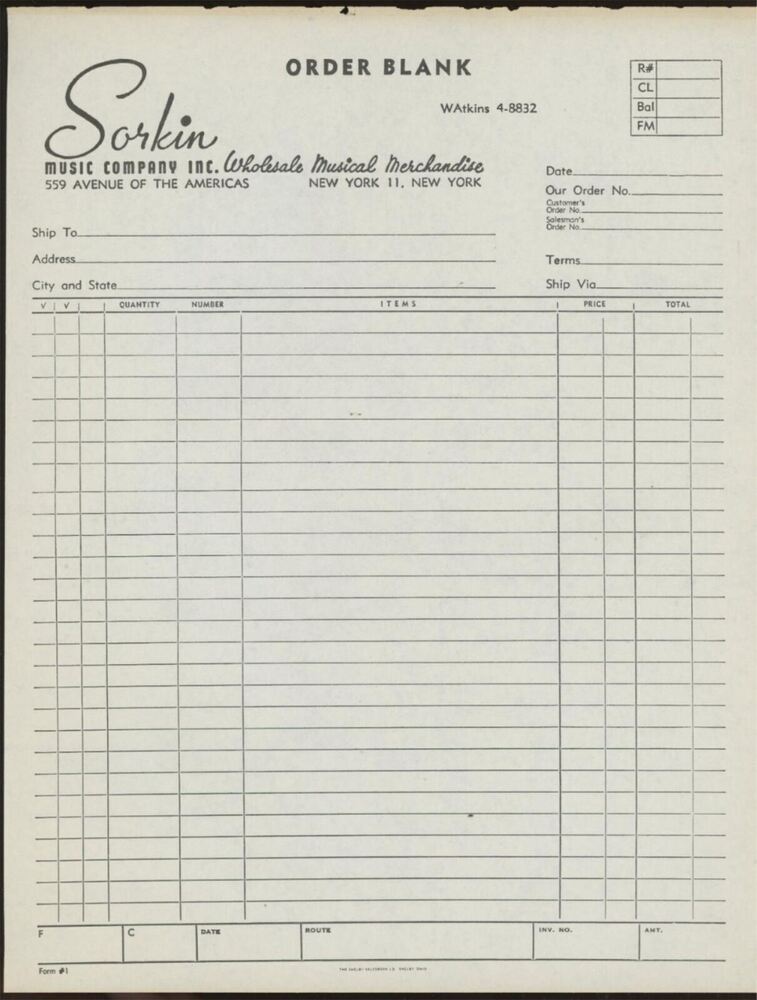 Vintage Sorkin Music Company INC. New York NY Order Blank Invoice 35 ...