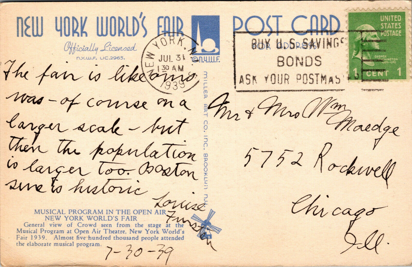 Vtg 1939 Musical Program In Open Air New York World's Fair NY Linen ...