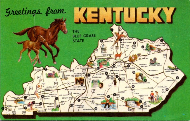 Kentucky Greetings From The Bluegrass State With State Map and Horses ...