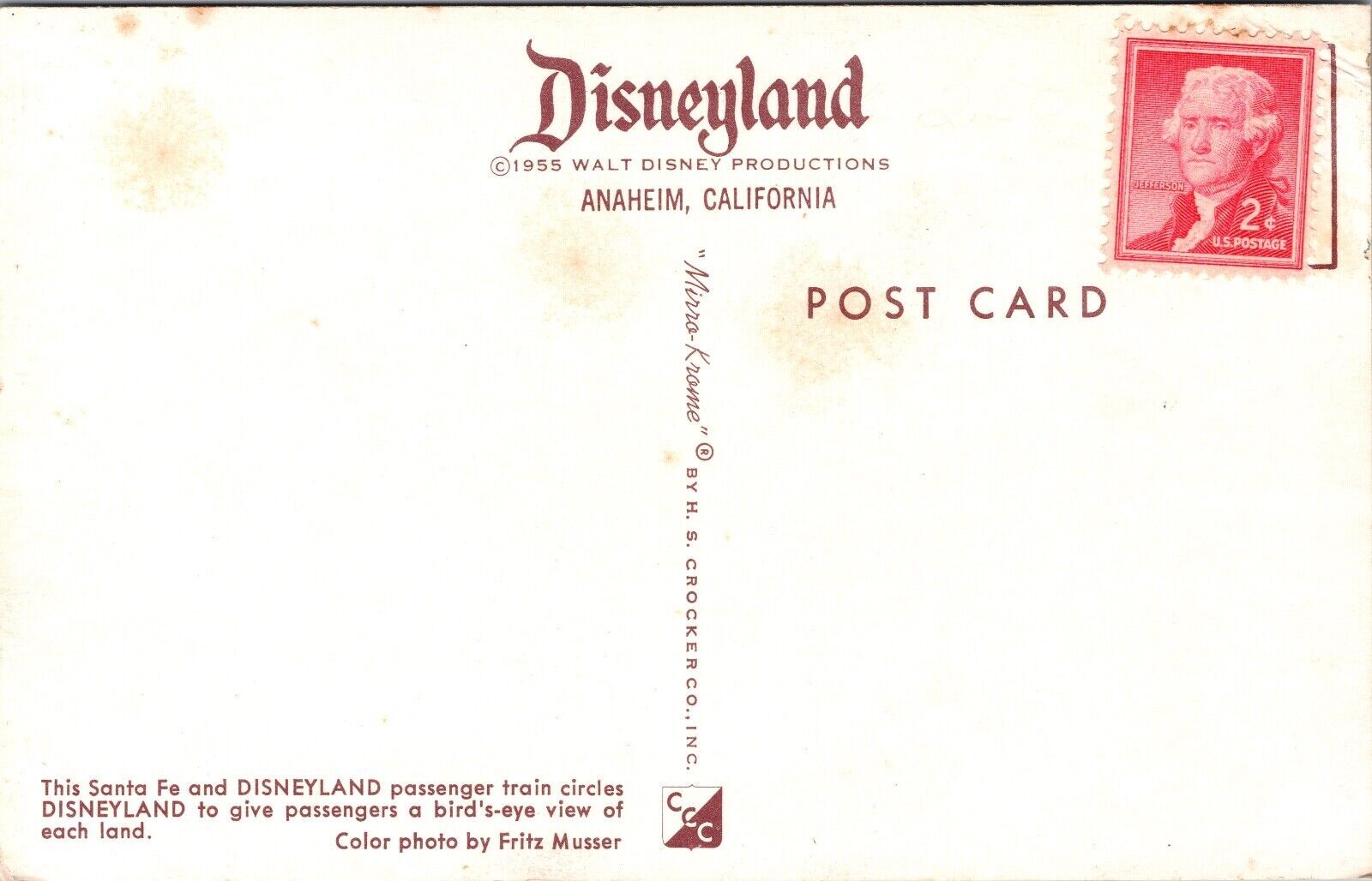 Disneyland Postcard Santa Fe Railroad Passenger Train at Main Street ...