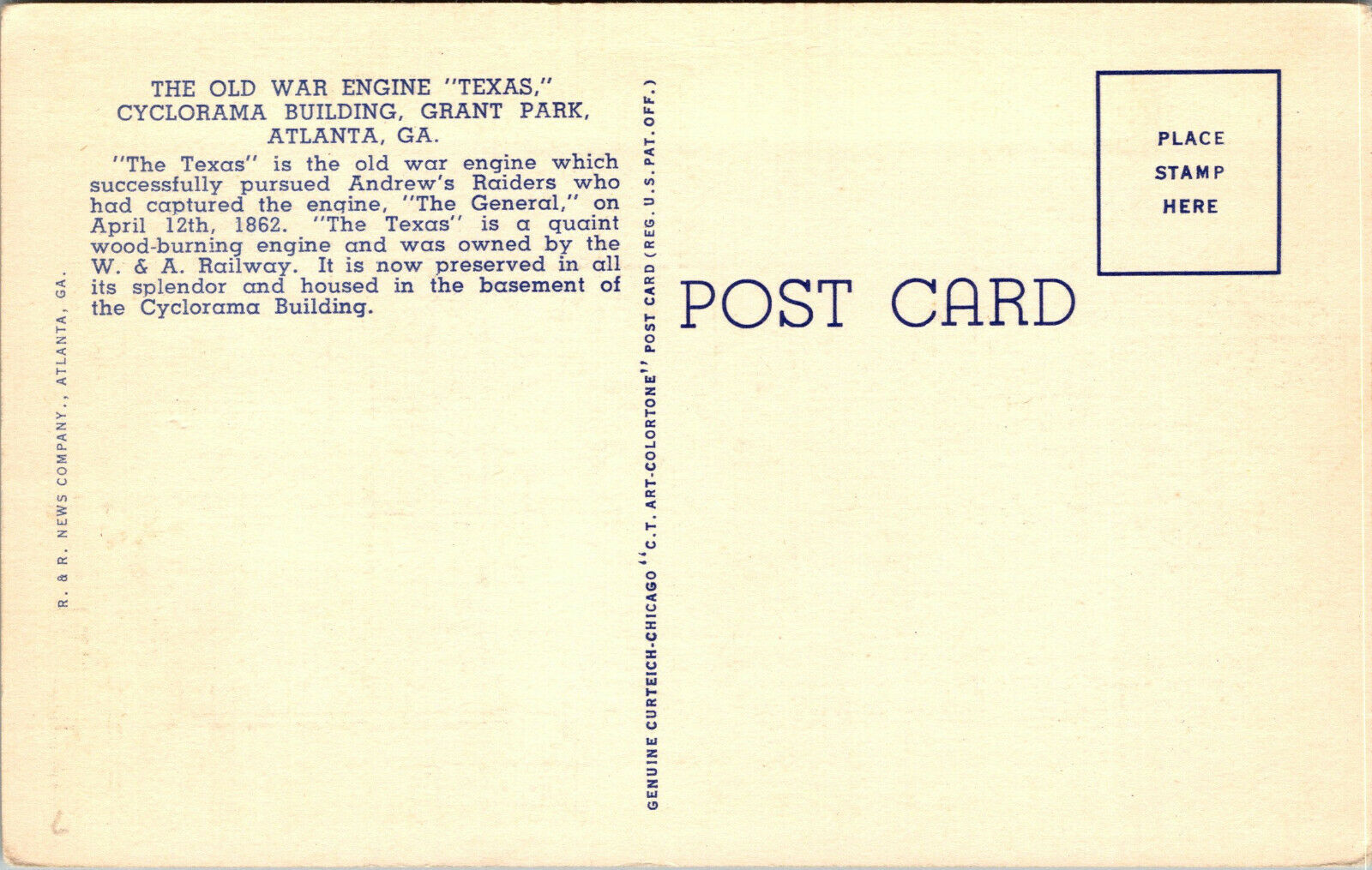 Vtg Atlanta Georgia GA The Texas Civil War Engine Cyclorama 1940s Linen ...