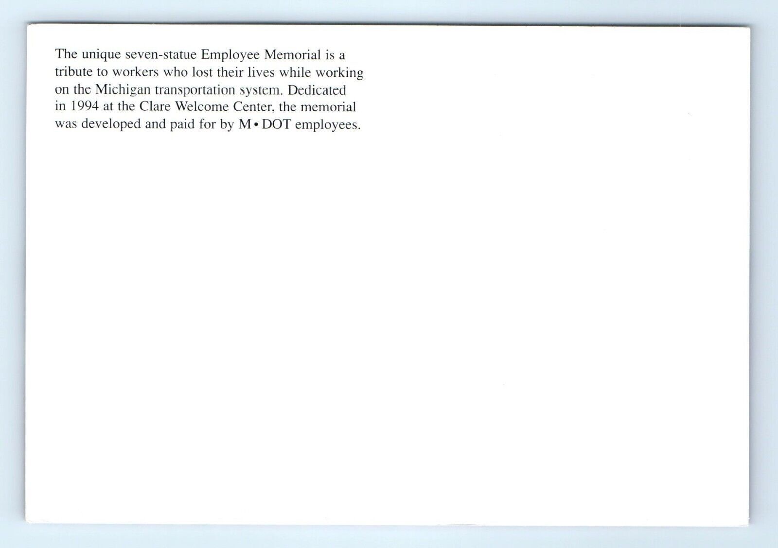 Employee Memorial Clare Welcome Center Dept Transportation MI Postcard ...