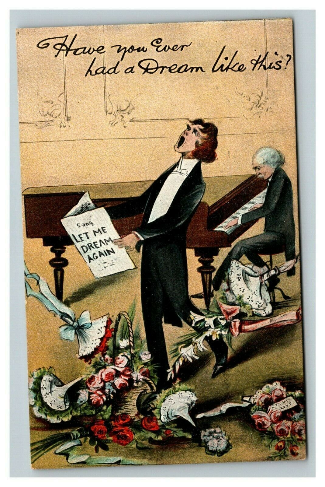 Vintage 1900's Comic Postcard - Singer in Tails Pianist - Dreaming of ...