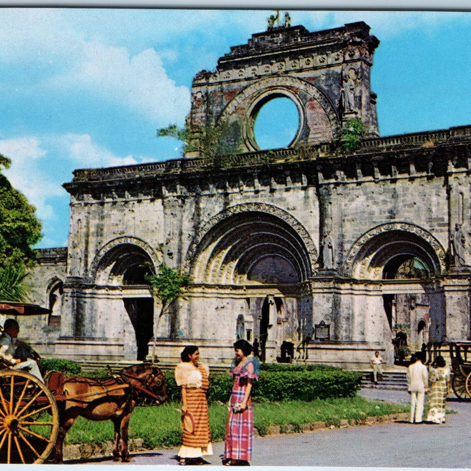 c1960s Manila, Philippines Ancient Stone Cathedral Ruins Horse Carriage ...
