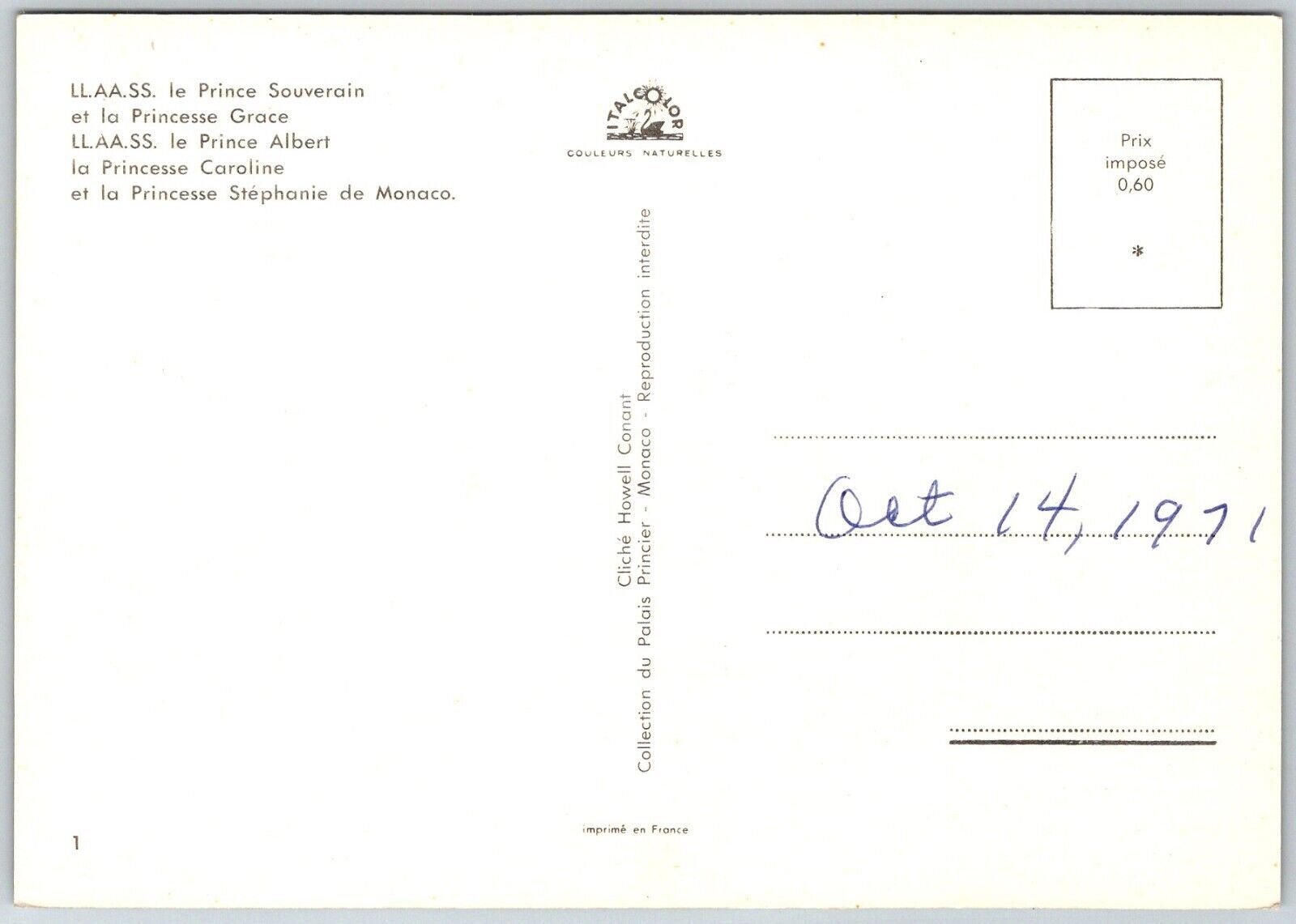 MONOCO 1971 Continental Postcard Royalty Royal Family Princess Grace ...