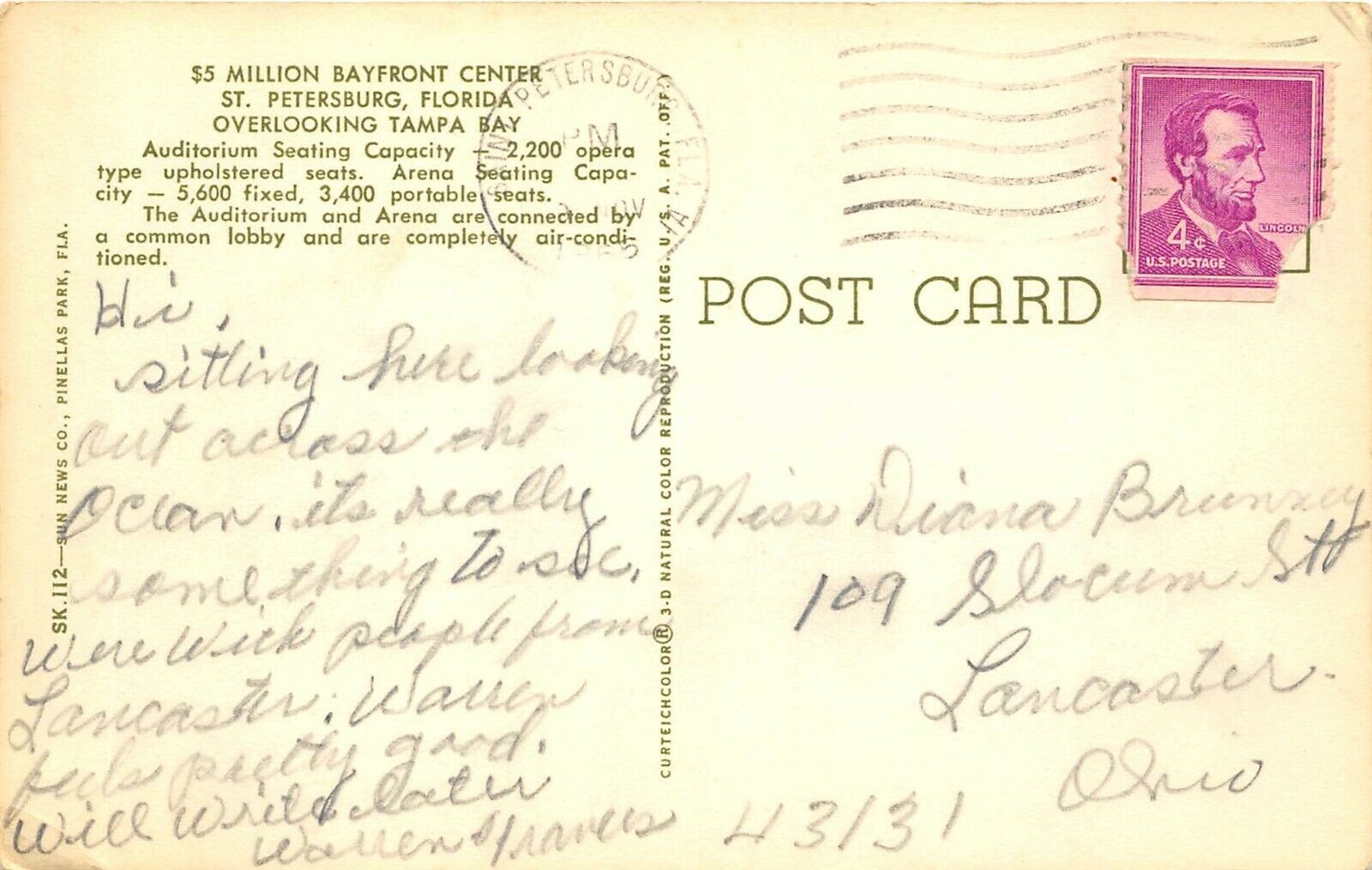 St. Petersburg Florida 1966 Postcard Bayfront Center Auditorium & Arena ...