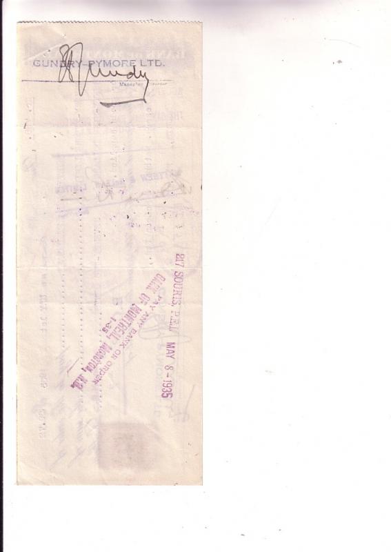 Cancelled Cheque with Canadian Postage Stamp, Bank of Montreal, Gundry ...