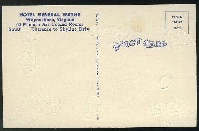 VA General Wayne Hotel Waynesboro Virginia Vintage Tichnor Linen ...