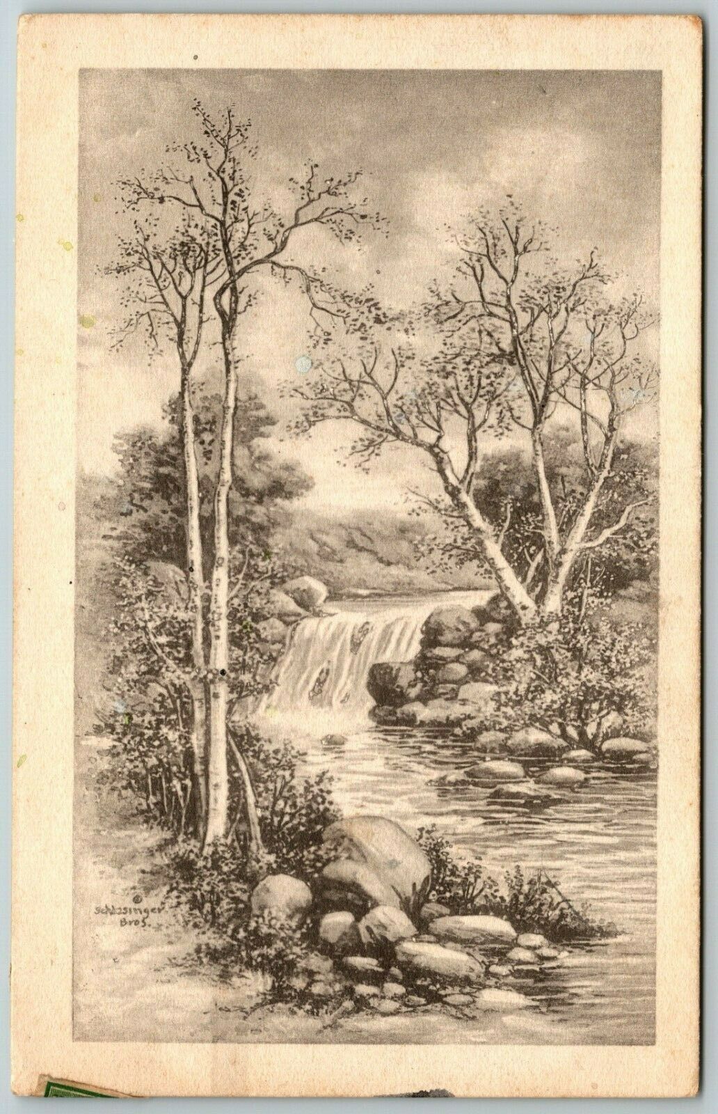 Water Fall, Stream, Trees, Artist Signed Schlesinger Bros. - Postcard ...